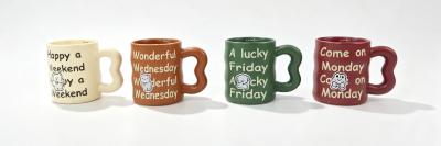 China Weekday Animal Ceramic Mug Set of 4, Cute Cartoon Wavy‑Handle Coffee Cups with Inspirational Text for sale
