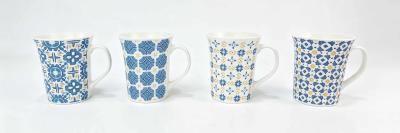 China Blue Yellow Mediterranean Floral Tile‑Print Ceramic Mug Set of 4, Vintage Pattern Coffee Cups for sale