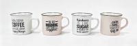China Vintage Enamel‑Style Inspirational Quote Ceramic Mug Set of 4, Farmhouse Coffee Cups with Black Rim for sale