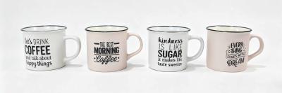 China Vintage Enamel‑Style Inspirational Quote Ceramic Mug Set of 4, Farmhouse Coffee Cups with Black Rim for sale