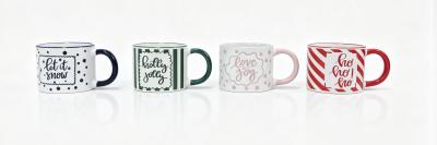 China Christmas Quote Camp‑Style Ceramic Mug Set of 4, Festive Pattern Coffee Cups with Contrast Handle for sale