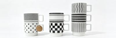 China Black & White Geometric Stackable Ceramic Mug Set of 6, Modern Pattern Coffee Cups with Square Handle for sale