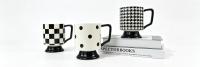 China Black & White Pattern Pedestal Ceramic Mug Set of 3, Houndstooth Checkerboard Polka Dot Coffee Cups for sale