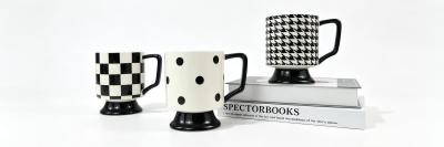 China Black & White Pattern Pedestal Ceramic Mug Set of 3, Houndstooth Checkerboard Polka Dot Coffee Cups for sale