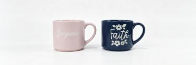 China Embossed Quote Ceramic Mug Set of 2, Pink Gorgeous & Navy Faith Floral Coffee Cups for sale