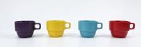 China Stackable Ceramic Mug Set of 4, Bold Solid‑Color Coffee Cups with Square Handle, Purple Yellow Teal Red for sale