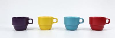China Stackable Ceramic Mug Set of 4, Bold Solid‑Color Coffee Cups with Square Handle, Purple Yellow Teal Red for sale