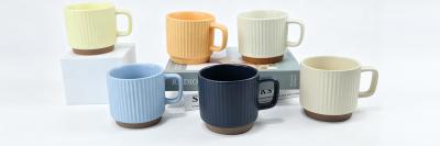 China Ribbed Ceramic Mug Set of 6, Morandi Color Fluted Coffee Cups with Clay‑Brown Base for sale