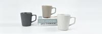 China Ribbed Tapered Ceramic Mug Set of 3, Neutral Gray Beige White Fluted Coffee Cups with Square Handle for sale