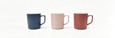 China Ribbed Ceramic Mug Set of 3, Navy Pink Terracotta Fluted Coffee Cups with Square Handle for sale