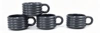 China Dark Grey Ribbed Short Ceramic Mug Set of 4, Wide‑Body Grooved Coffee Cups with Chunky Handle for sale