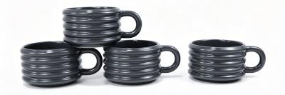 China Dark Grey Ribbed Short Ceramic Mug Set of 4, Wide‑Body Grooved Coffee Cups with Chunky Handle for sale