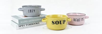 China Enamel‑Style Ceramic Soup Bowl Set of 3, Cosy Soup Heat Me Quote Bowls with Handles for sale