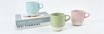 China Dual‑Tone Pastel Ceramic Mug Set of 3, Two‑Color Block Coffee Cups with Square Cut‑Out Handle for sale