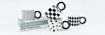 China Black & White Geometric Ceramic Mug Set of 4, Bold Pattern Coffee Cups with Large Round Handle for sale