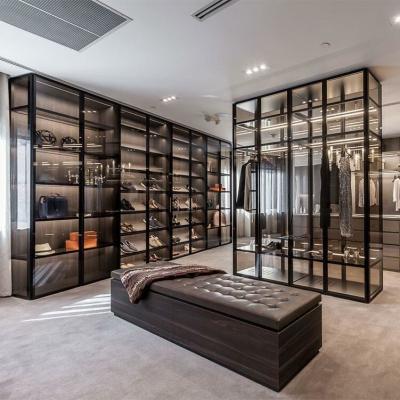 China Custom Modular Black Wood Walk-In Closet System | Factory Direct Bedroom Wardrobe with Full Length Mirror Doors for sale