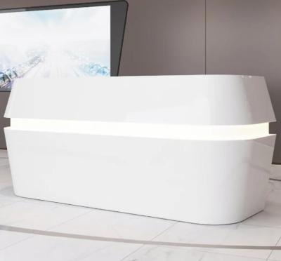 China Modern Custom Size Oval Shape Elegant White Office Furniture Reception Front Desk Wtih Led Light for sale