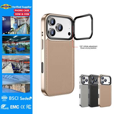 China ODM OEM Leather Phone Case for iPhone 15 16 17 18 Pro Max, Electroplated Frame Magnetic Cover with Independent Camera Button for sale