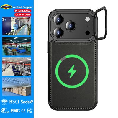 China Luxury Leather Anti-Fingerprint Electroplated Phone Case for 15/16 17 18 Pro Max Card Holder Magnetic Flip Cover Custom for sale