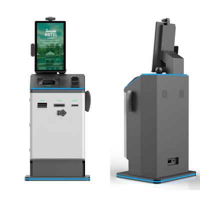 China Freestanding Hotel Check In Kiosk 19 Inch Touch Screen with Passport Scanner and Key Card Encoder for sale