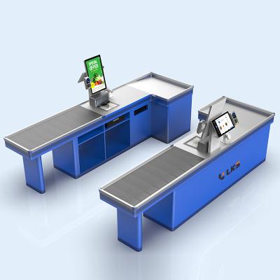 China LKS All In One Smart Supermarket Checkout Counter Kiosk With Conveyor Belt for sale