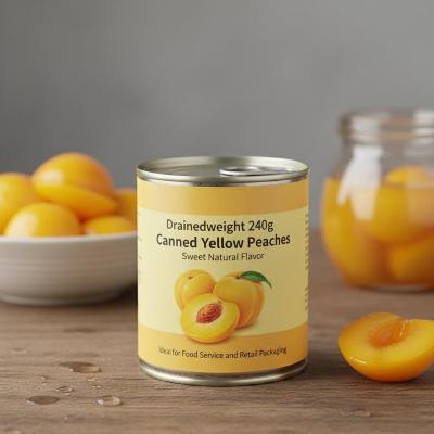 China Canned Yellow Peaches Drained Weight 240g Brix 14-17 Sweet Natural Flavor for Food Service Retail for sale