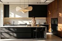 China Italian Minimalist Black & Walnut Two-Tone Integrated Kitchen Island Cabinet for sale