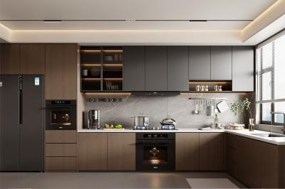 China Modern Wood & Grey Two-Tone L-Shaped Ceiling-Touch Kitchen Cabinet for sale