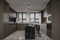 China Dark Wood & Grey Two-Tone U-Shaped Integrated Kitchen Cabinet with Island for sale