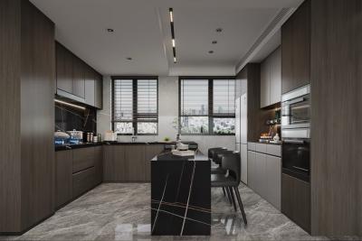 China Dark Wood & Grey Two-Tone U-Shaped Integrated Kitchen Cabinet with Island for sale