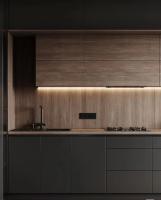 China Industrial Dark Grey & Wood Two-Tone Straight Ceiling-Touch Kitchen Cabinet for sale