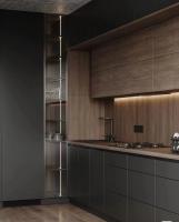 China Industrial Dark Grey & Wood Two-Tone Straight Ceiling-Touch Kitchen Cabinet for sale