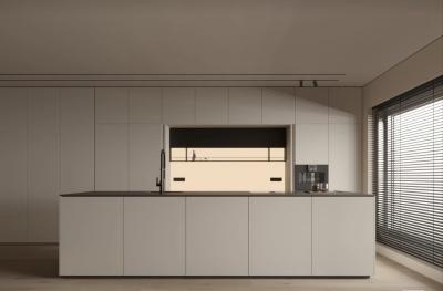 China Minimalist White & Grey Fluted Integrated Kitchen Island Cabinet for sale