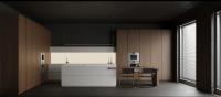 China Two-Tone Wood & White Marble Integrated Kitchen Island With Wooden Bar Counter for sale