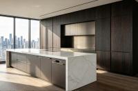 China Dark Wood Grain & Brushed Metal Integrated Marble Sintered Stone Kitchen Island Cabinet for sale