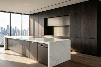 China Dark Wood Grain & Brushed Metal Integrated Marble Sintered Stone Kitchen Island Cabinet for sale