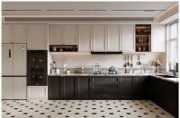 China French Two-Tone Black & White L-Shaped Shaker Kitchen Cabinet With Glass Display Cabinets for sale