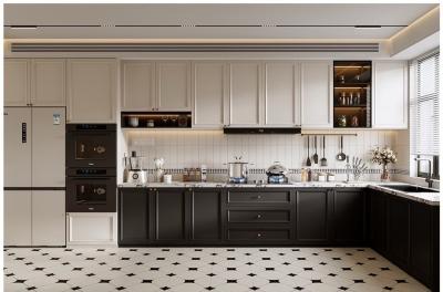 China French Two-Tone Black & White L-Shaped Shaker Kitchen Cabinet With Glass Display Cabinets for sale