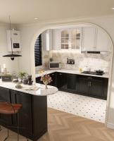 China French Retro Black & White Two-Tone Kitchen Cabinet With Curved Marble Bar Island for sale