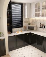 China French Retro Black & White Two-Tone Kitchen Cabinet With Curved Marble Bar Island for sale