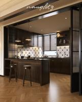 China Vintage Dark Walnut Glass Door Kitchen Cabinet With Integrated Bar Island for sale