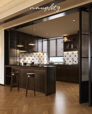 China Vintage Dark Walnut Glass Door Kitchen Cabinet With Integrated Bar Island for sale