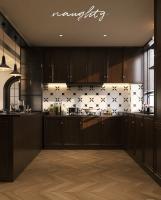 China Vintage Dark Walnut Glass Door Kitchen Cabinet With Integrated Bar Island for sale