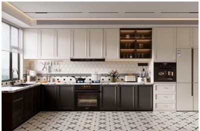 China French Retro Black & White Two-Tone L-Shaped Shaker Kitchen Cabinet With Glass Display Cabinet for sale
