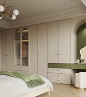 China French Cream Two-Tone Walk-in Wardrobe With Integrated Fluted Glass Display & Dressing Table for sale