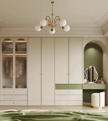 China French Cream Two-Tone Walk-in Wardrobe With Integrated Fluted Glass Display & Dressing Table for sale