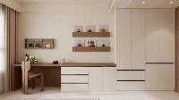 China Cream Wood Grain Handle-Free Integrated Wardrobe & Desk Combination Cabinet for sale