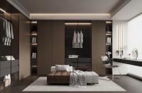 China Italian Dark Wood Walk-In Wardrobe With Glass Display Cabinets & Integrated Dressing Table for sale