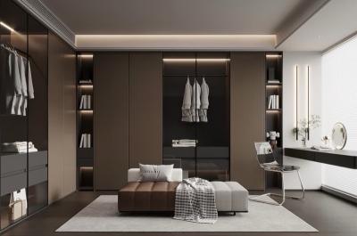 China Italian Dark Wood Walk-In Wardrobe With Glass Display Cabinets & Integrated Dressing Table for sale