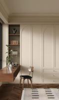China French Cream Arched Recessed Panel Wardrobe With Floating Wood Dressing Desk & Open Display Nook for sale